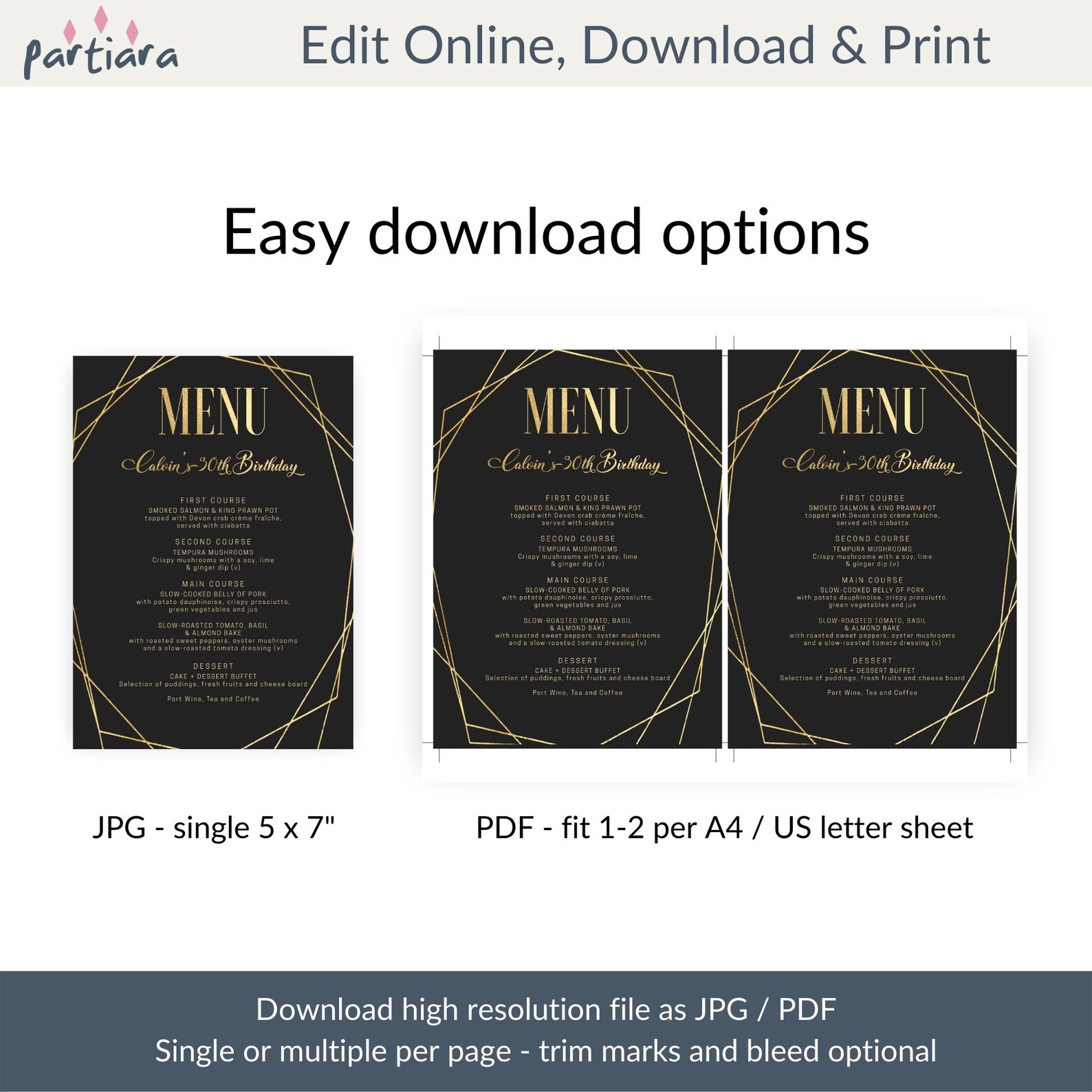 Menu Cards Black and Gold Birthday Dinner Menus Editable Menu Card ...