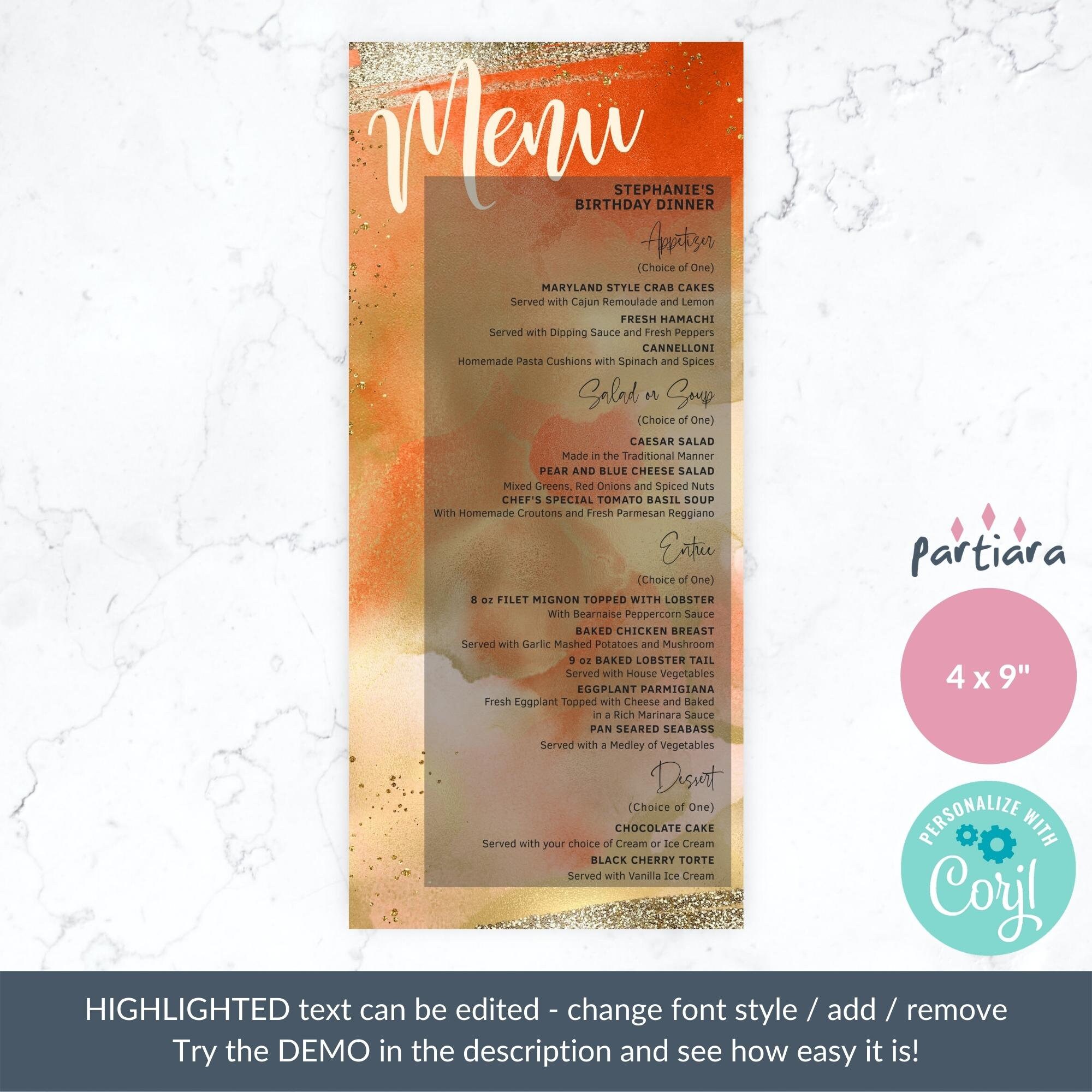 Orange Menu Template, Birthday Dinner Party Menus Printable, Summer ...