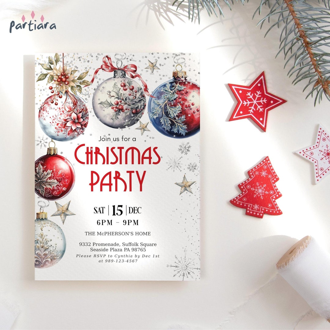 Christmas Invitation Printable Red Silver Dinner Party Invite Xmas ...