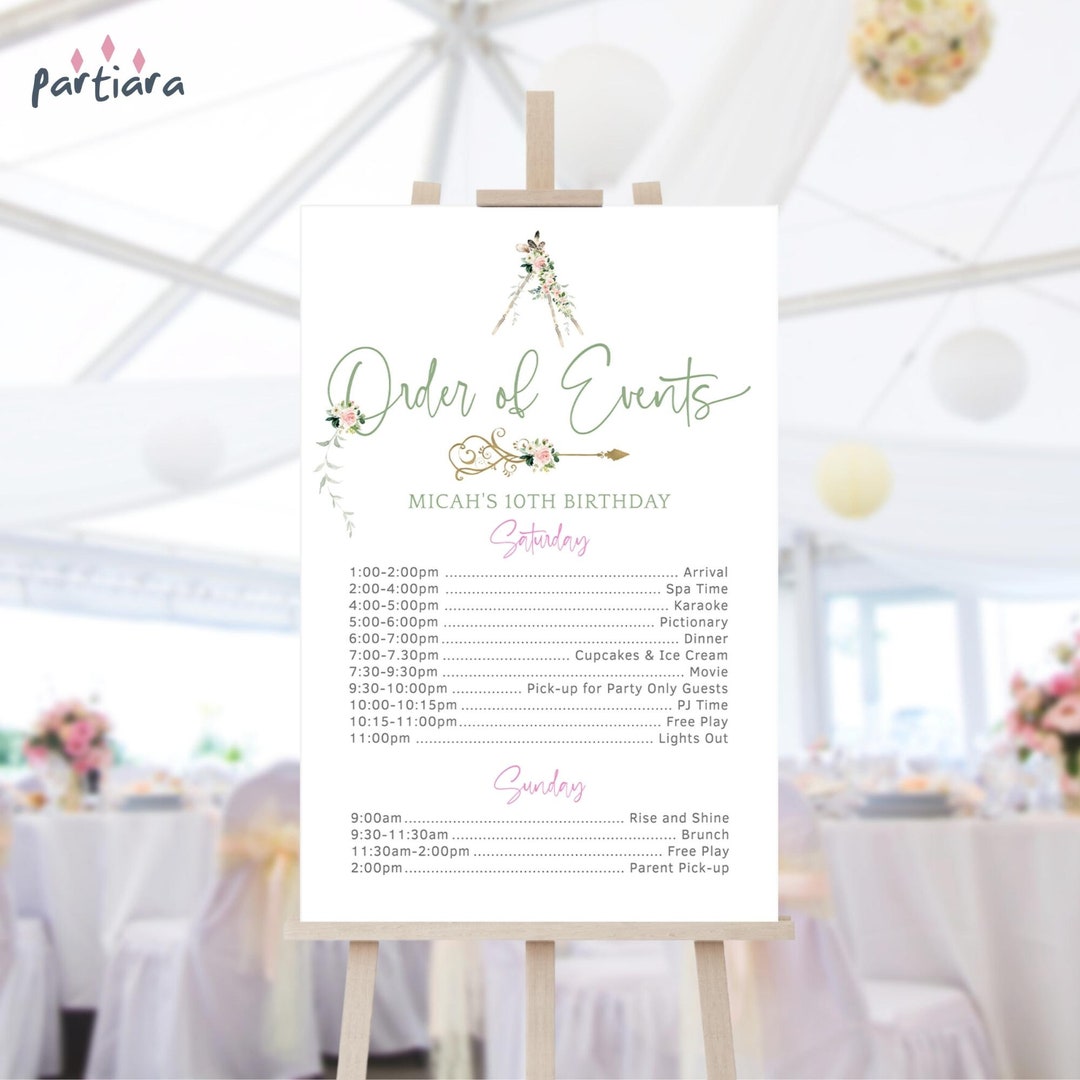 Girls Birthday Order of Events Weekend Party Itinerary Sign Printable ...