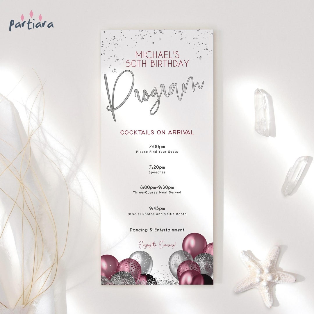 Maroon Silver Program Card Template Birthday Table Programs Printable ...