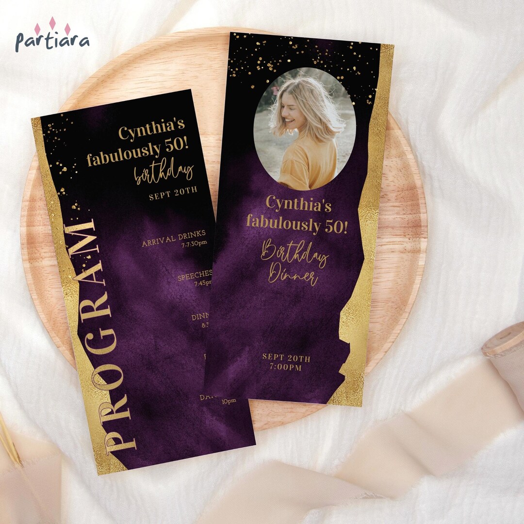 Purple Birthday Program Template, Editable Photo Programs Card ...