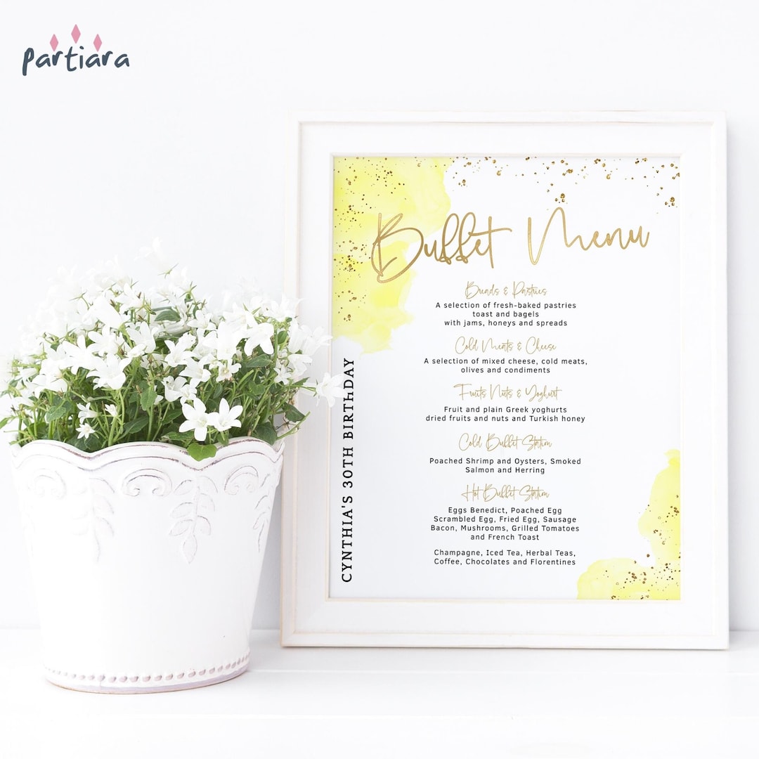Buffet Menu Template Yellow Gold Birthday Table Menus Sign Printable ...