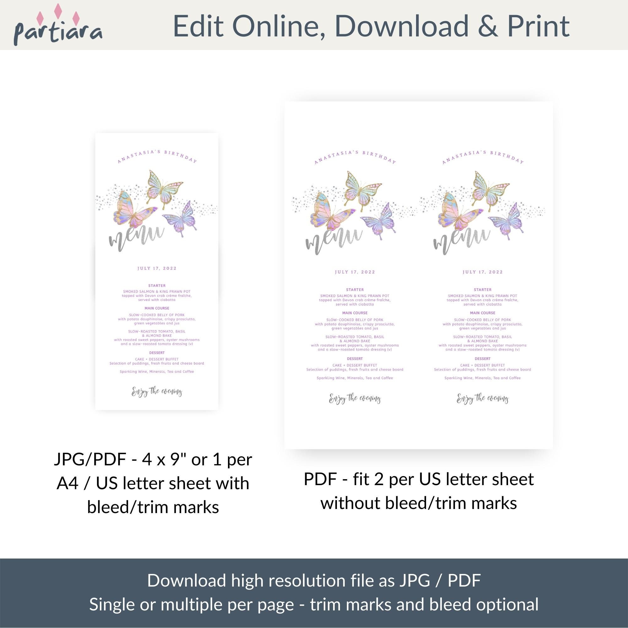 Editable Butterfly Menu Girl Baby Shower Menus Teen Girls - Etsy