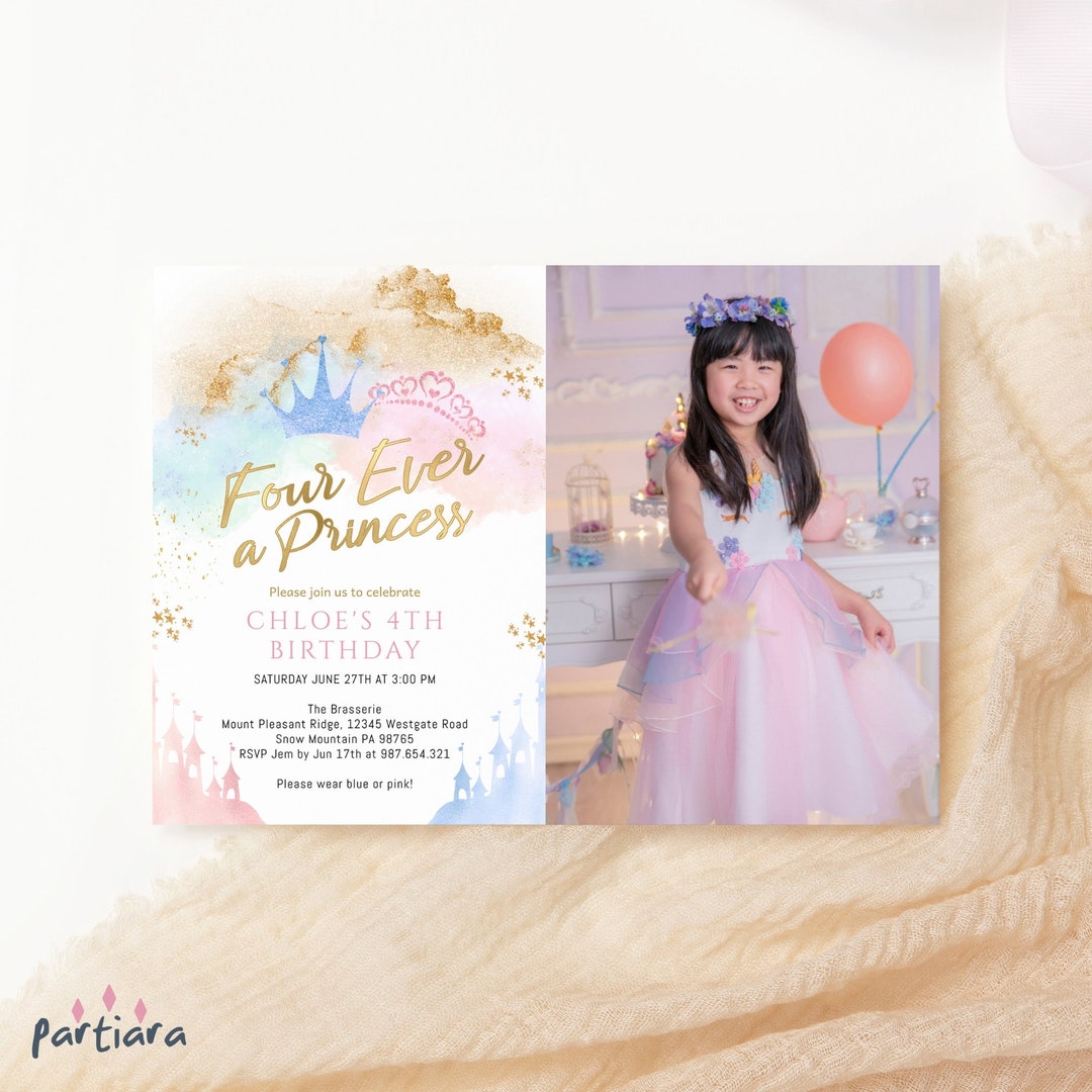Princess 4th Birthday Invite, Four Ever a Princess Party Invitation ...