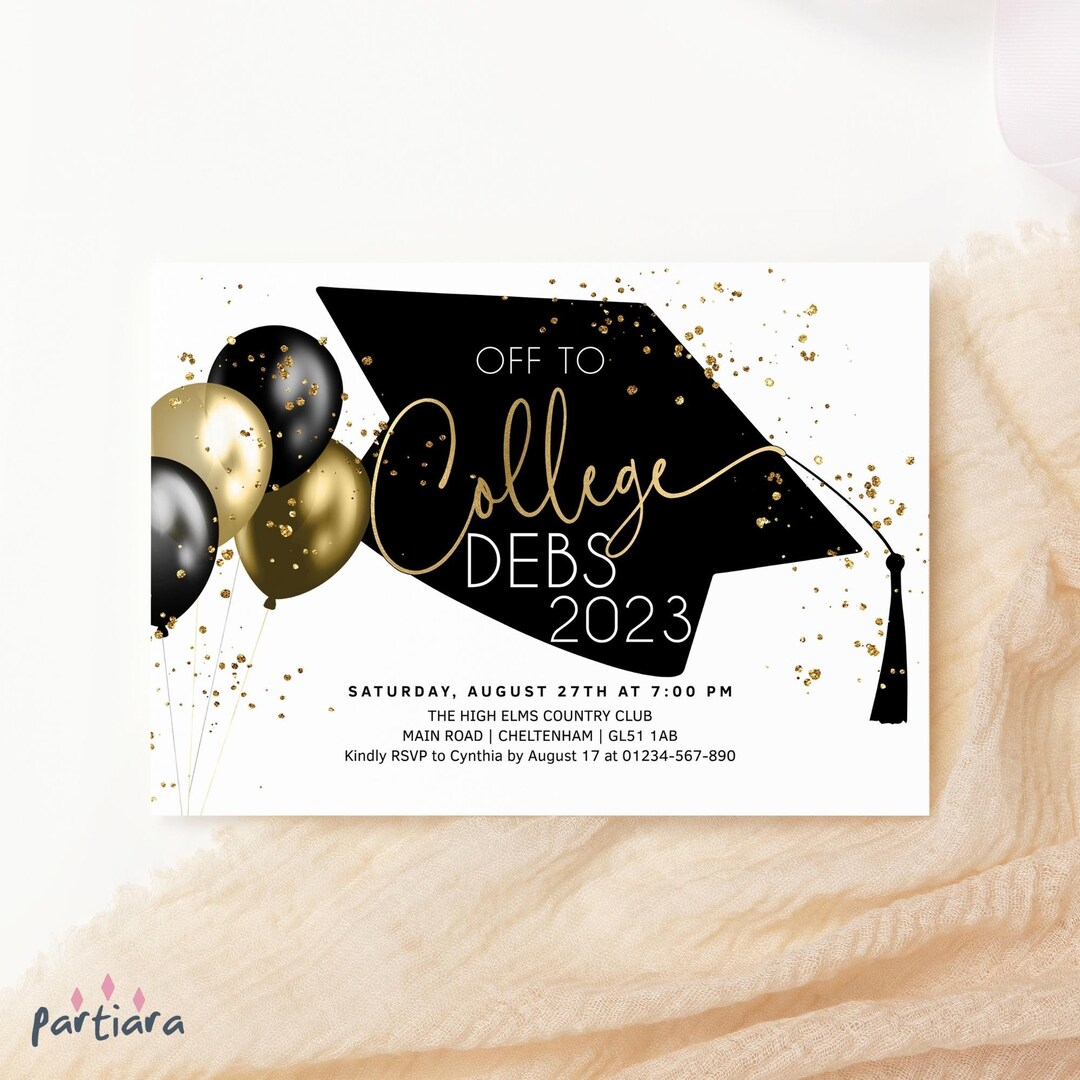 College Debutantes Invite off to College Party Invitations Black and ...