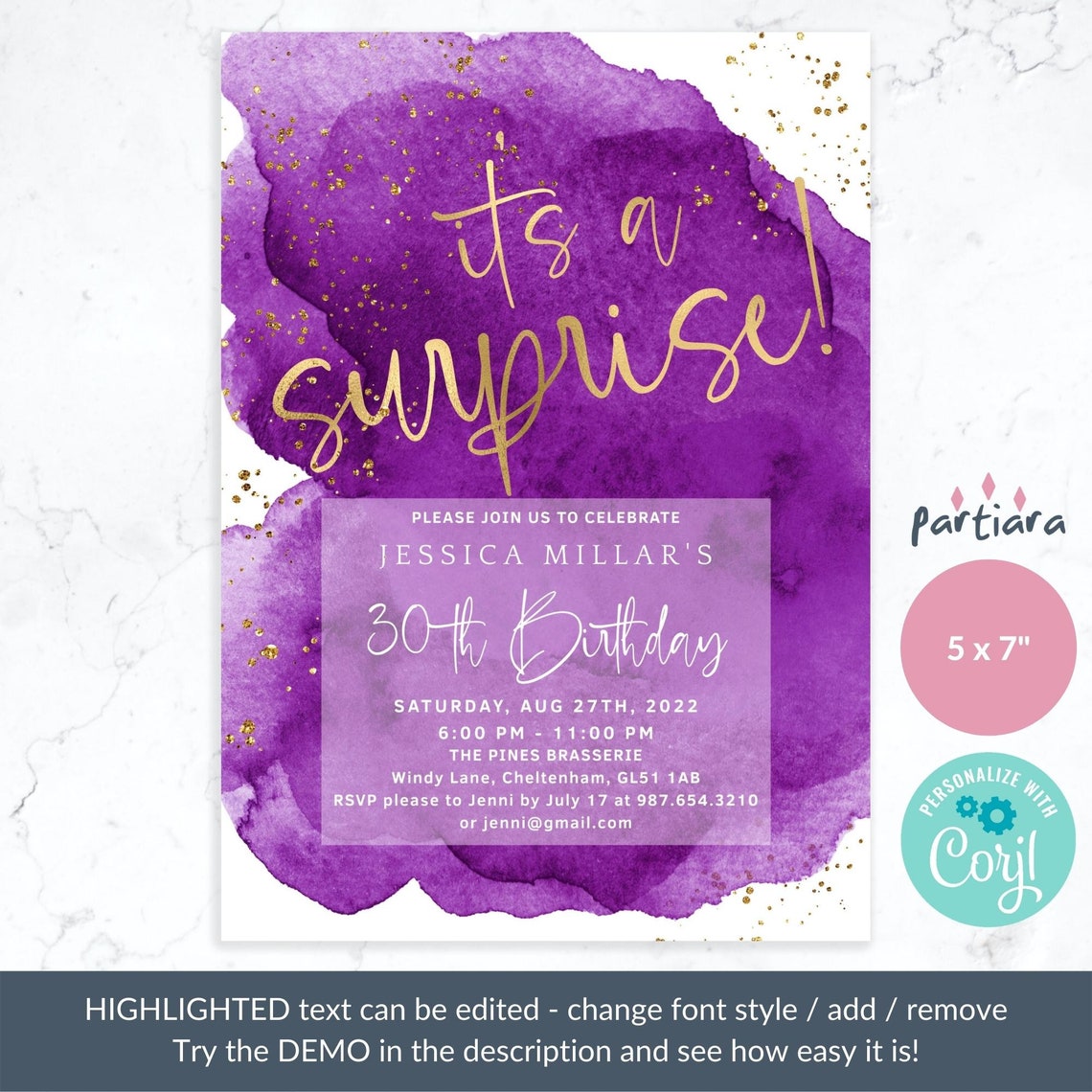 Royal Purple Surprise Party Invitation Printable Ladies Birthday Invite ...
