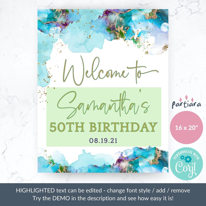 Turquoise Blue Gold Welcome Sign Template Editable DIY Printable Adult ...