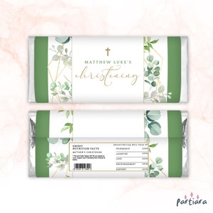 Greenery Christening Candy Labels Editable Chocolate Bar Favor Wrapper ...