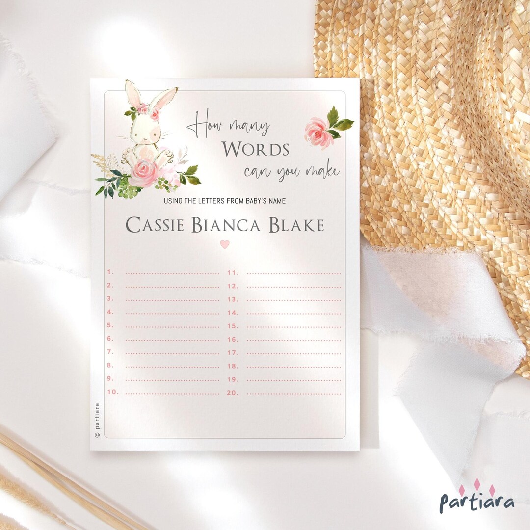 Bunny Baby Shower Game, Word Scramble Names Notecard Editable Template ...