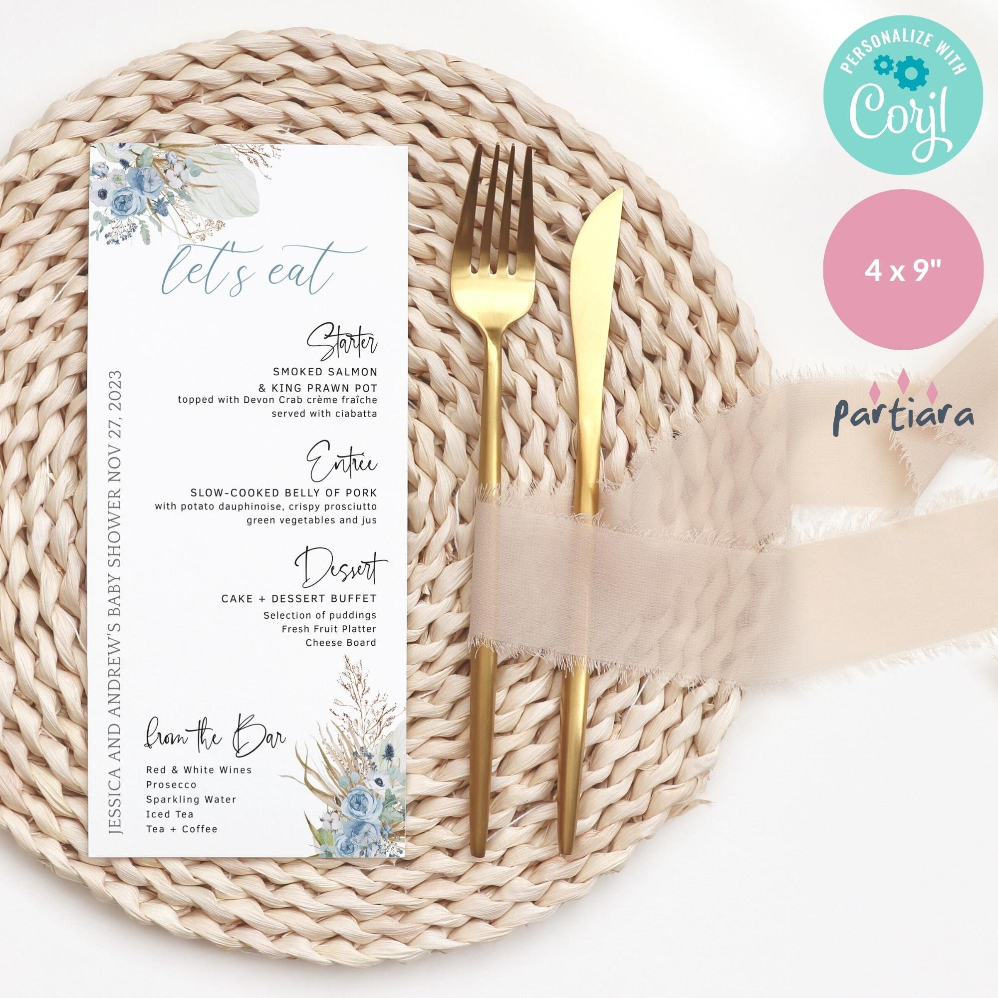 Bohemian Menu Card Boho Blue Pampas Grass Birthday Party Table Menus ...