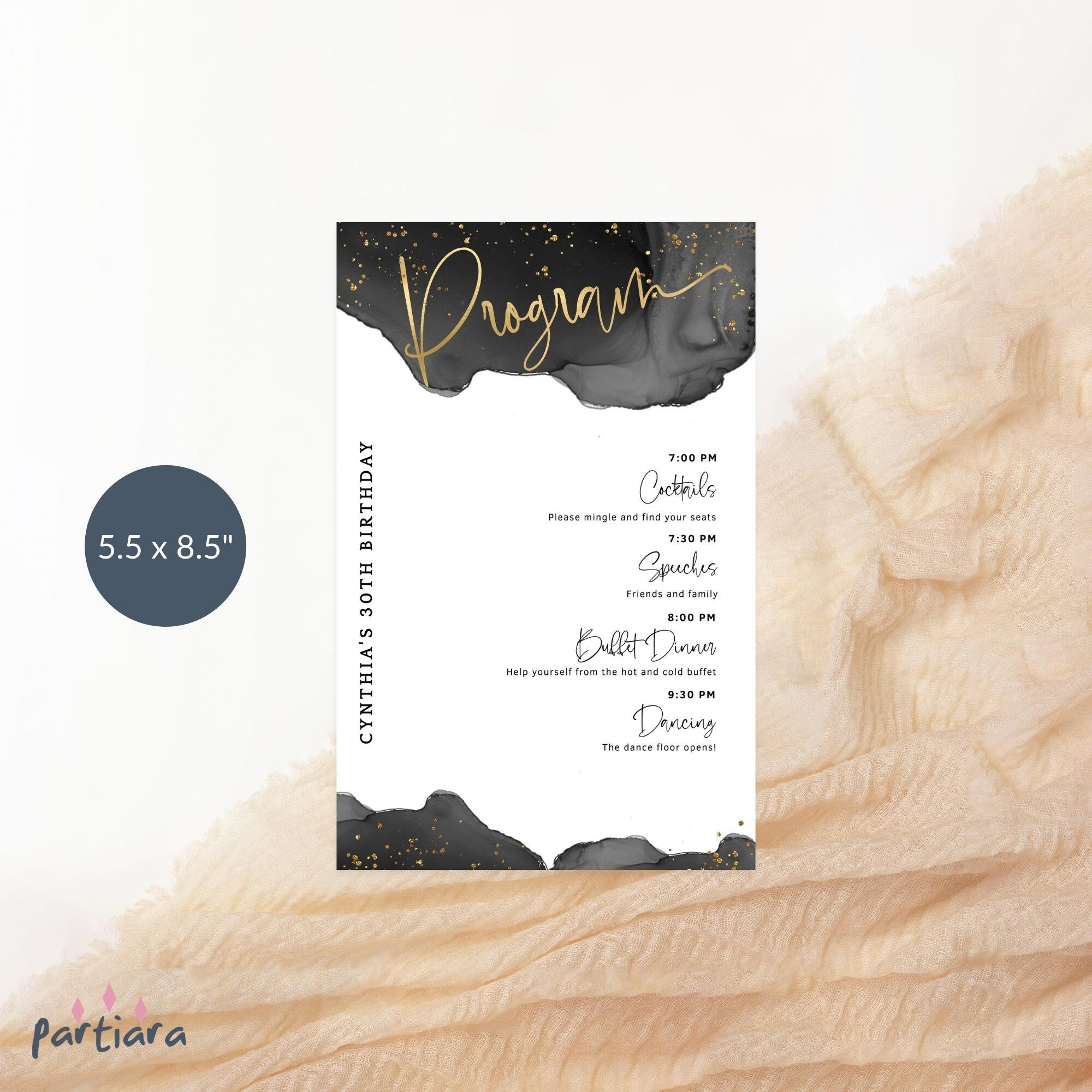 Black Gold Party Program Editable Template Men or Ladies Birthday Table ...
