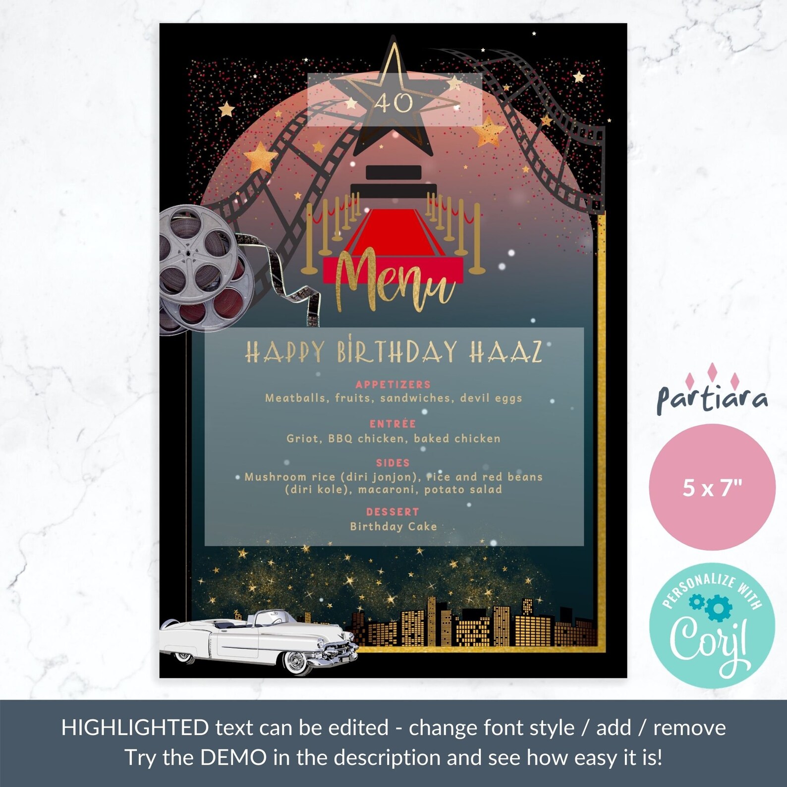 Hollywood Theme Party Menu Card Birthday Menus Red Carpet - Etsy UK