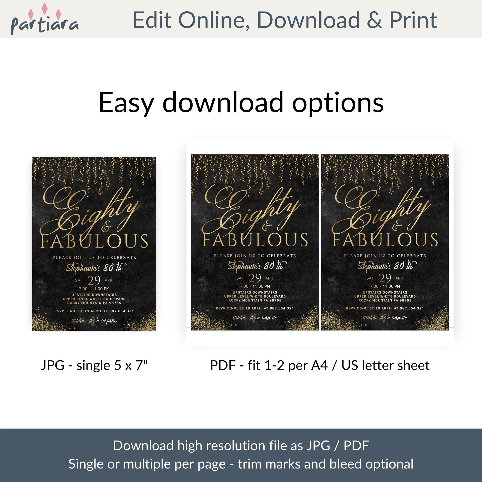 Black Gold 80th Birthday Invitation Printable Eighty and | Etsy