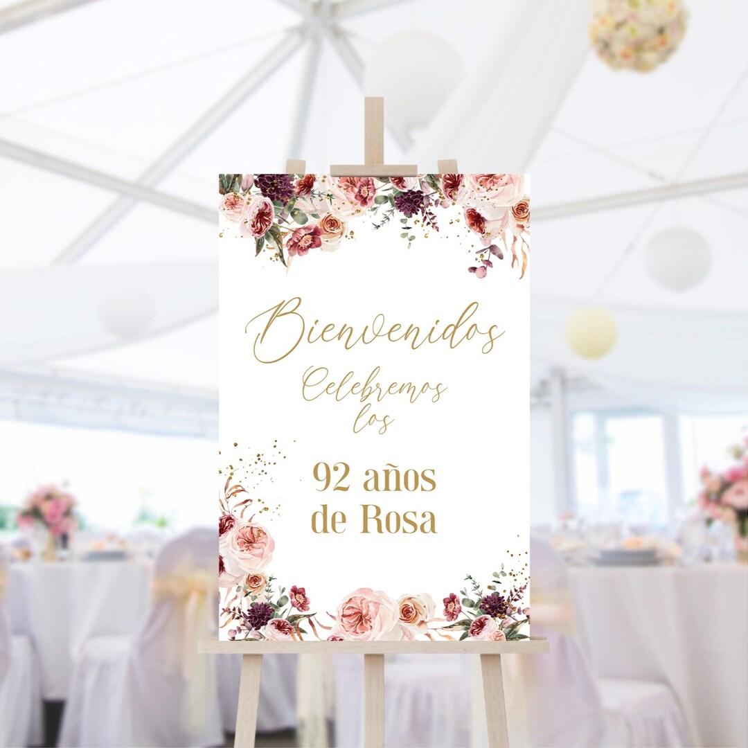 Spanish Birthday Sign, Welcome Party Poster Template, Pink Floral Party ...