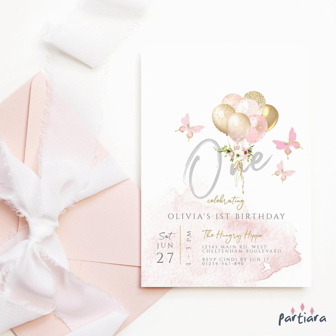 Girl 1st Birthday Invitation Butterfly Balloons Printable Editable ...