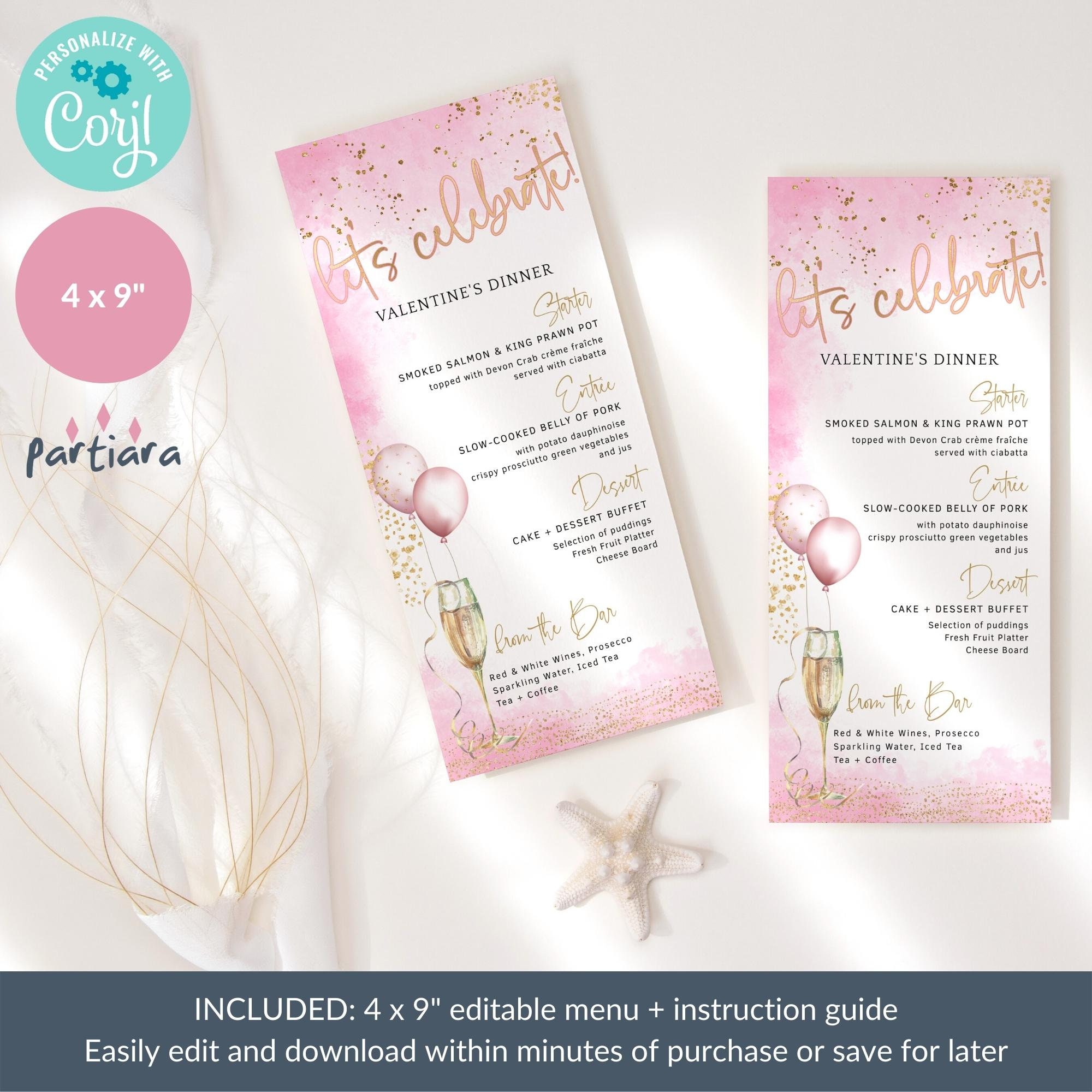 Candy Pink Gold Menu Card Printable Ladies Teens Girls - Etsy