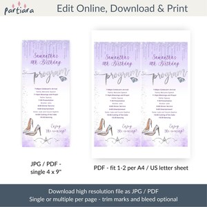 Diamond Heels Birthday Program Printable Ladies 80th Birthday Dinner Party Table Programs Lilac ...