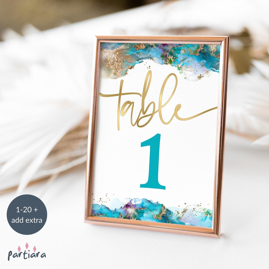 Sky Blue Table Number Cards Printable, Turquoise Gold Birthday Beach ...