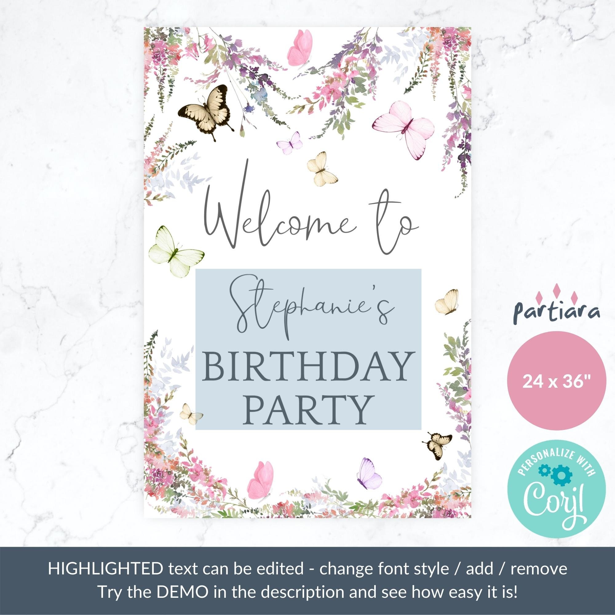 Butterfly Floral Welcome Sign Editable Birthday Party Welcome - Etsy