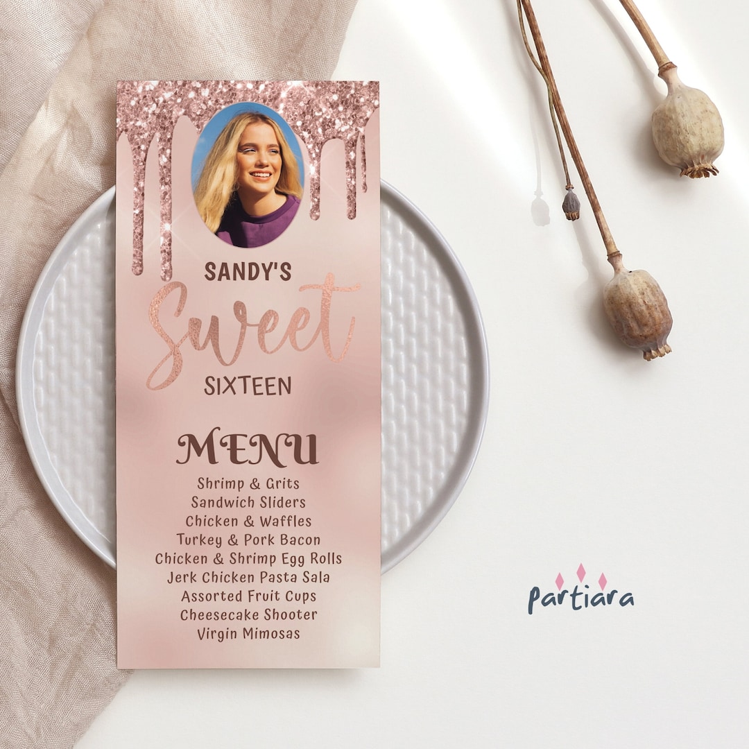 Sweet 16 Menu, 16th Birthday Photo Menu Cards Printable, 4x9 Table ...