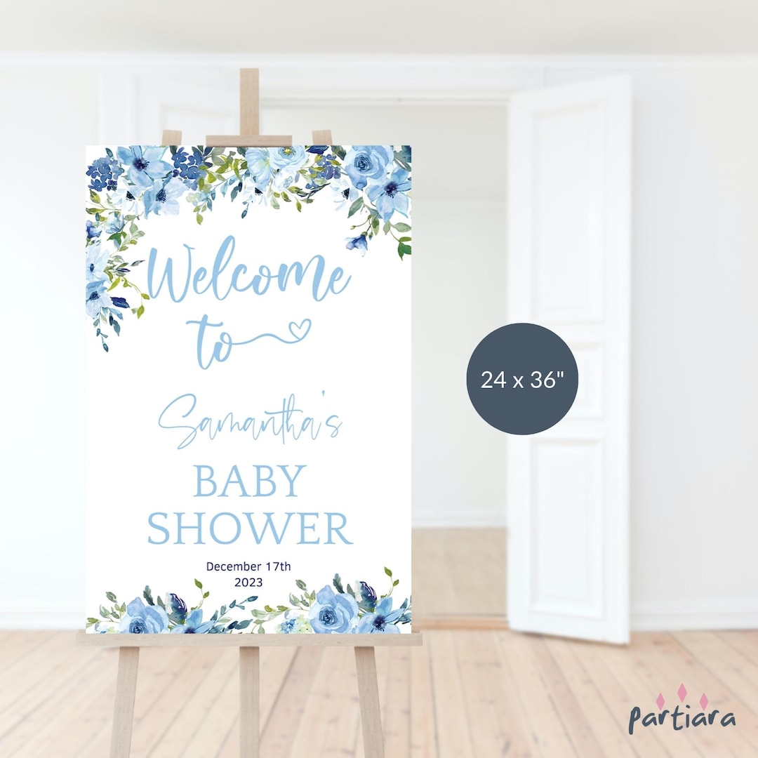 Editable Baby Blue Welcome Sign Birthday Party Floral Baby Shower Party ...