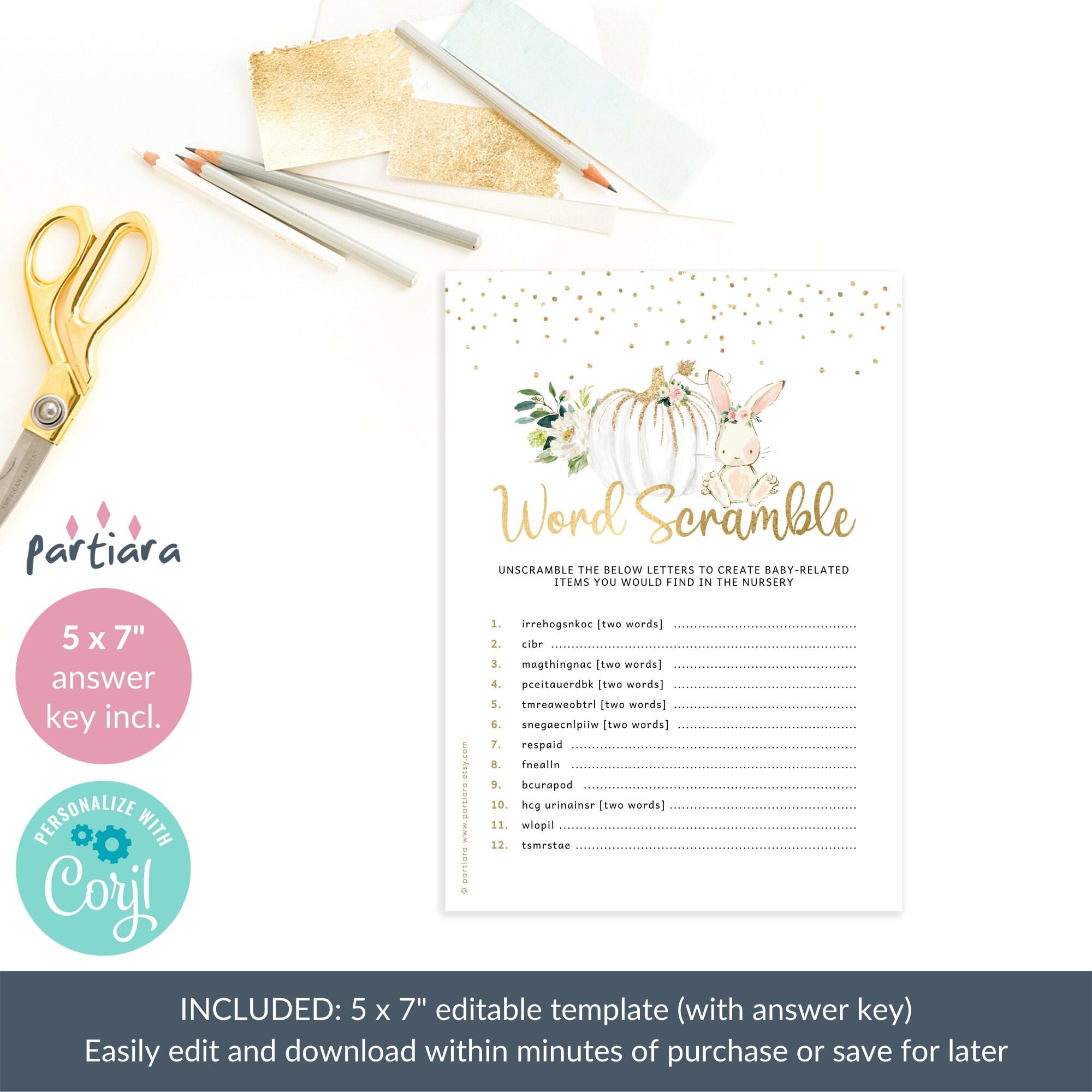 Bunny Baby Shower Game Word Scramble Quiz Editable Template for Girls ...