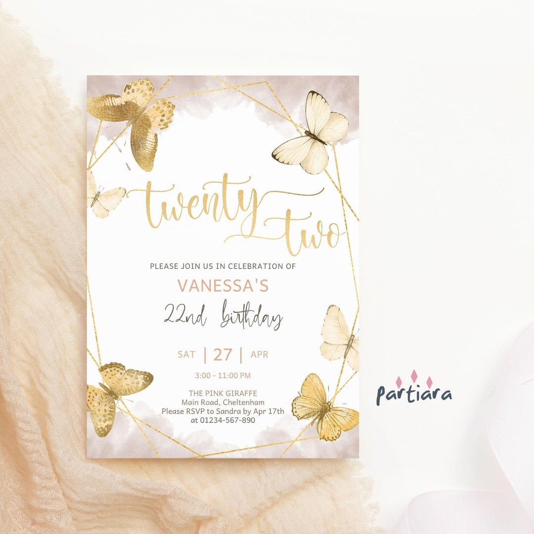 Ladies 22nd Birthday Invite Printable, Butterfly Party Invitation ...