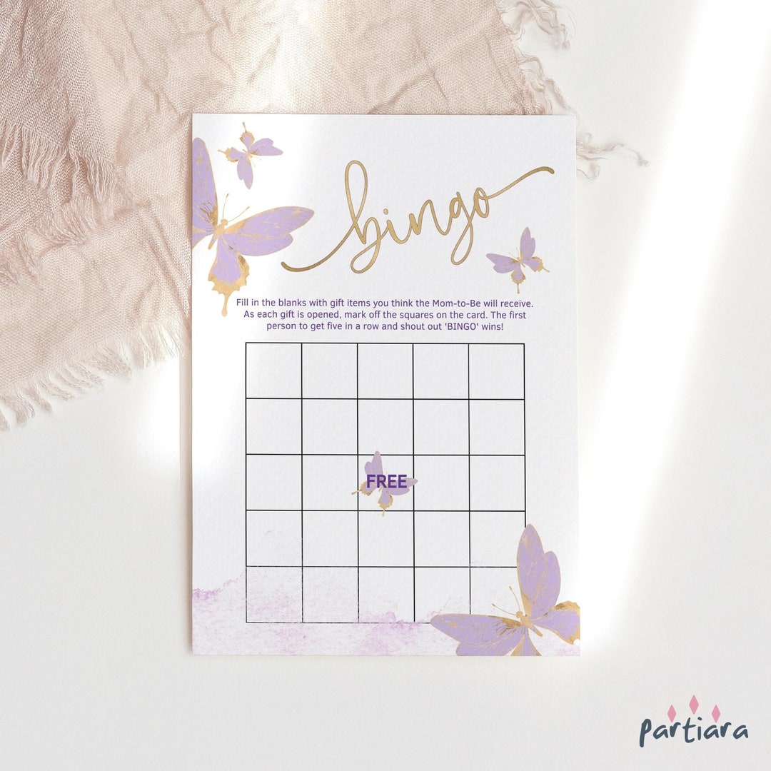 Baby Shower Bingo Card, Butterfly Bingo Game Card Template, Bridal ...