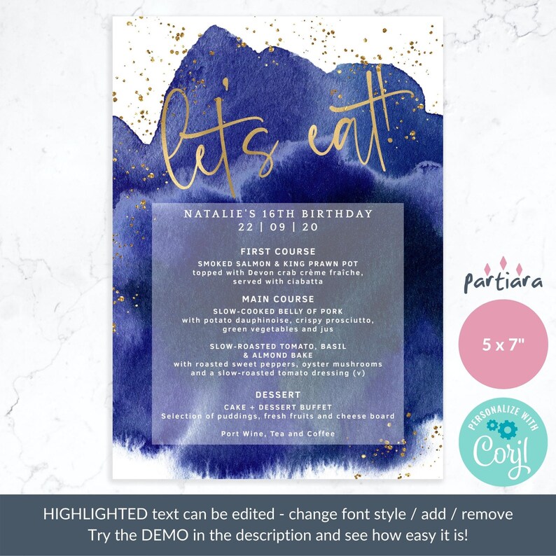 Royal Blue Dinner Party Menus Printable Blues and Gold - Etsy