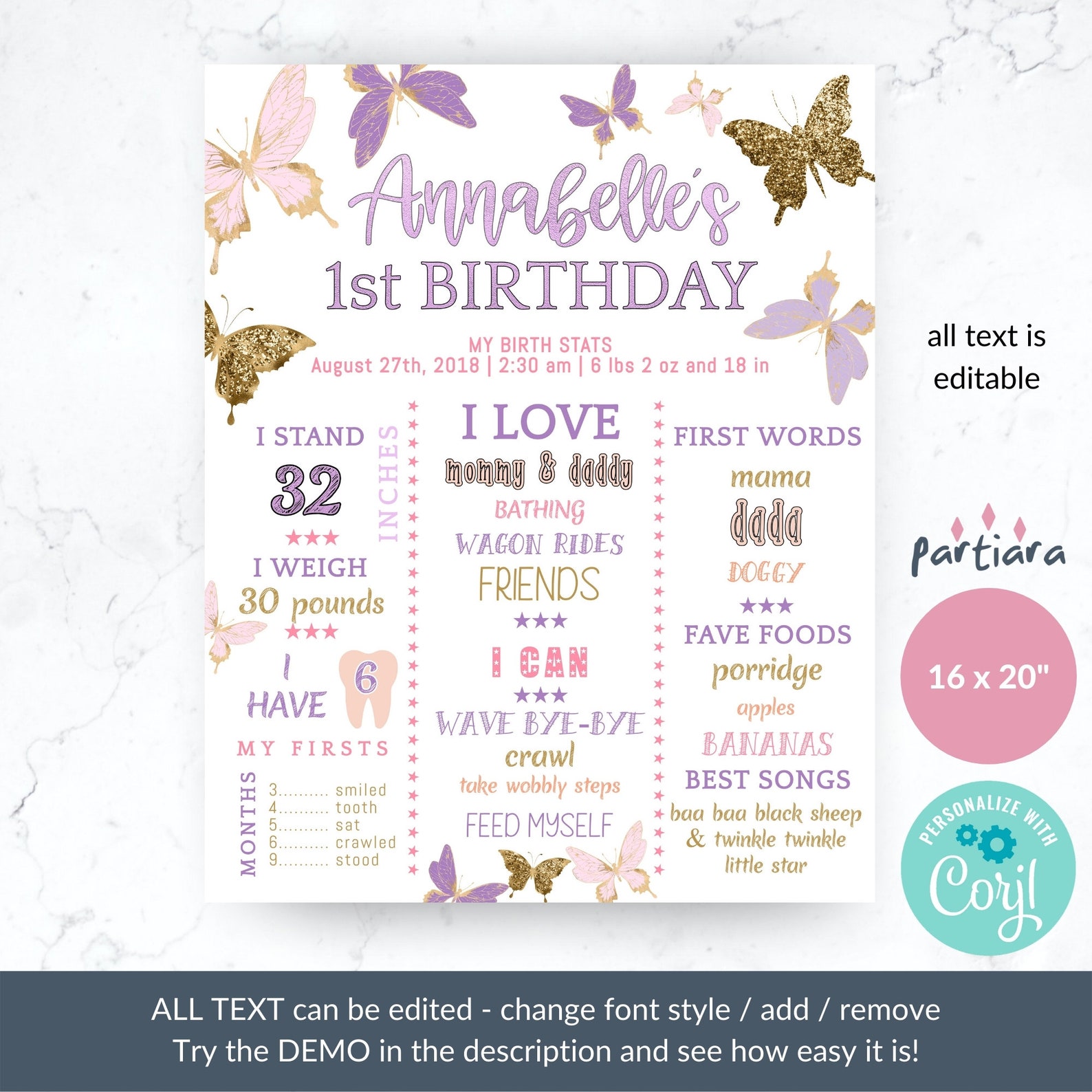 Editable First Birthday Board Girl Butterflies Milestone Sign - Etsy