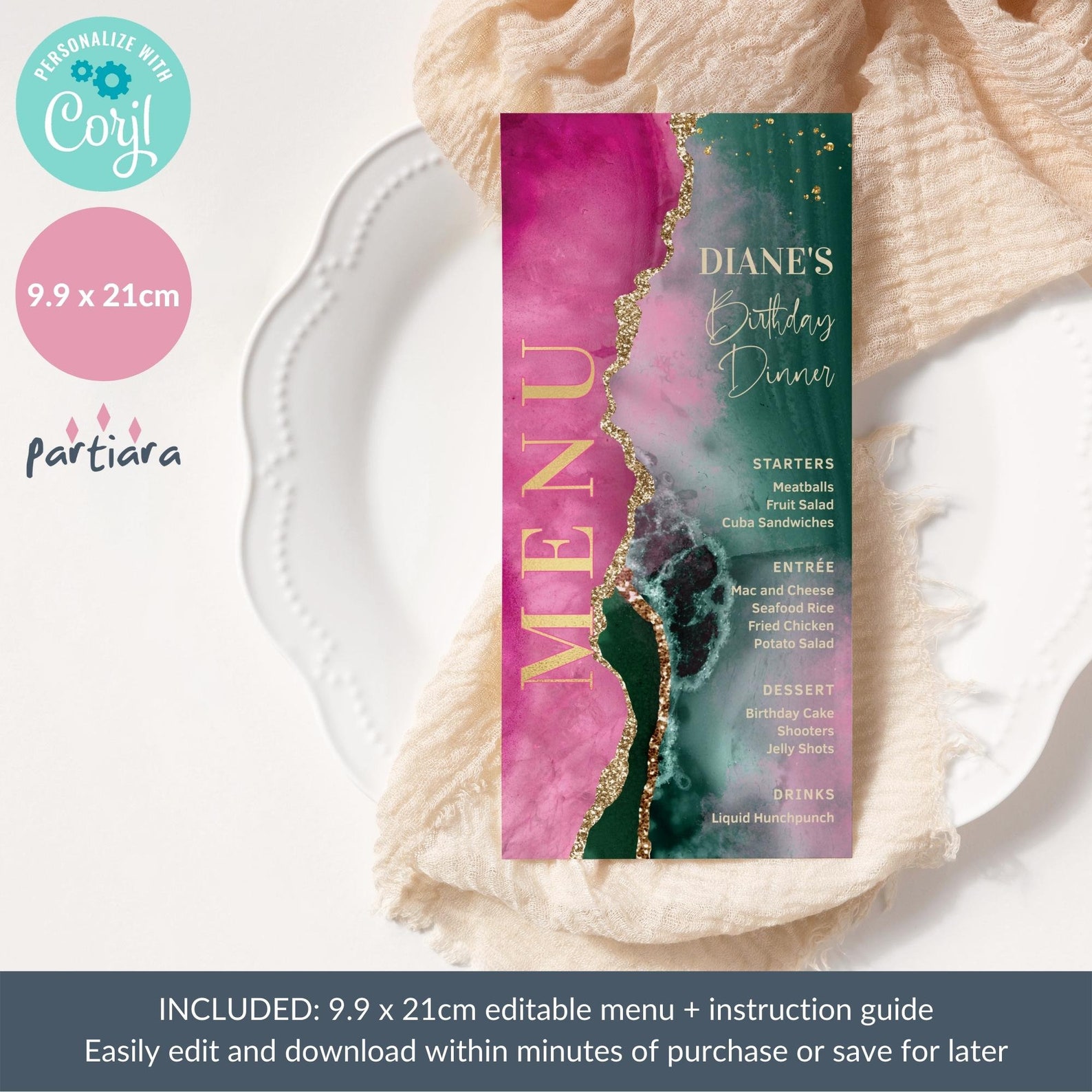 Fuchsia Pink Green Menu Card Printable Hot Pinks Emerald Gold Ladies ...