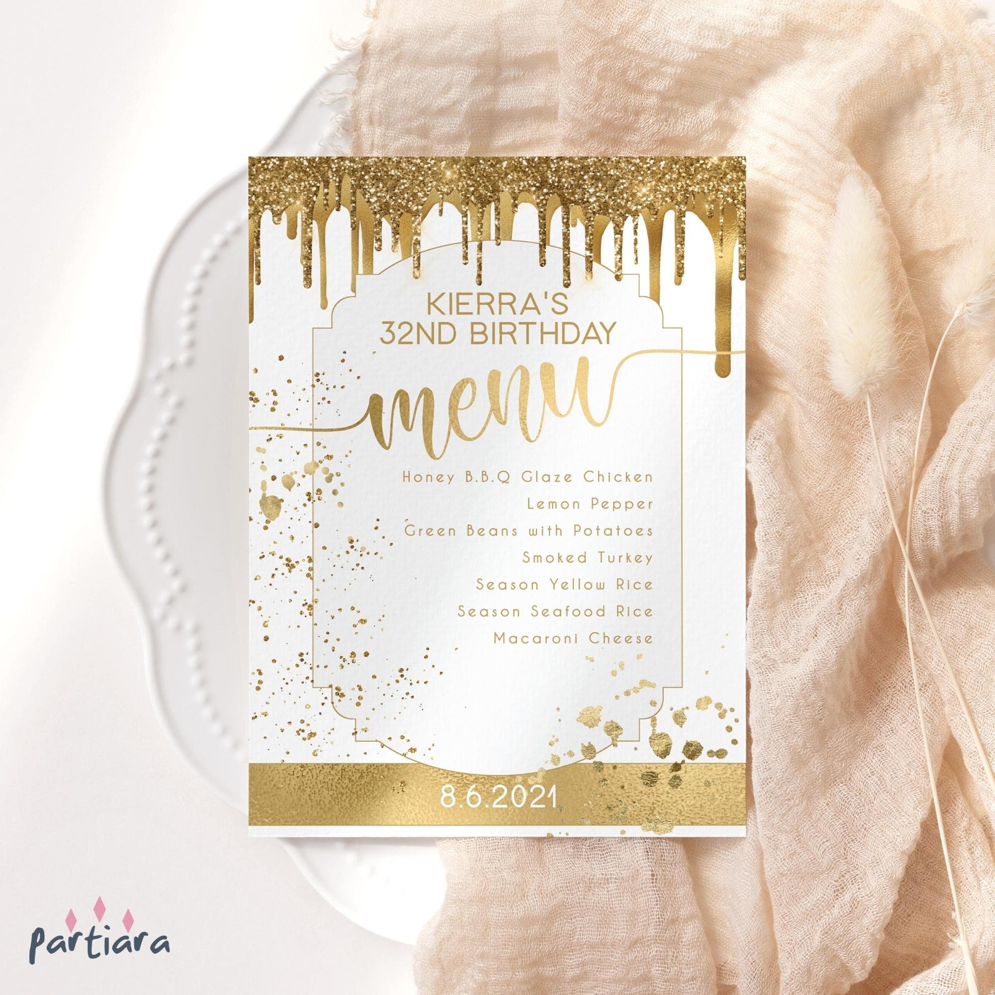 Dinner Menu Template, All White Gold Birthday Table Menus Printable ...
