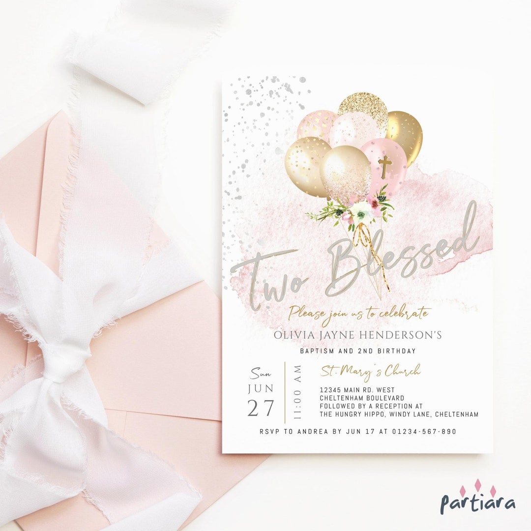 Two Blessed 2nd Birthday Baptism Invite Printable Girls Blush Pink Gold ...