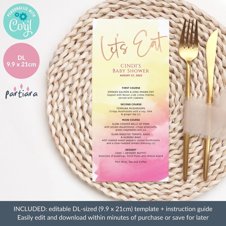 Brunch Menu Card Editable Template: Bridal Shower Let's Eat Party Table ...
