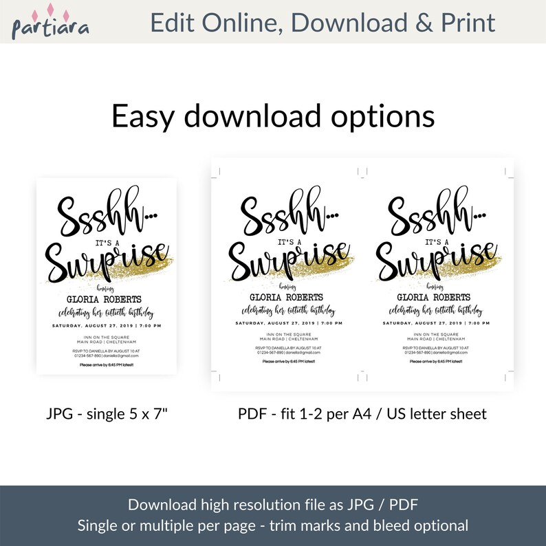 Ssshhh It's a Surprise Party Invite Digital Download Black - Etsy