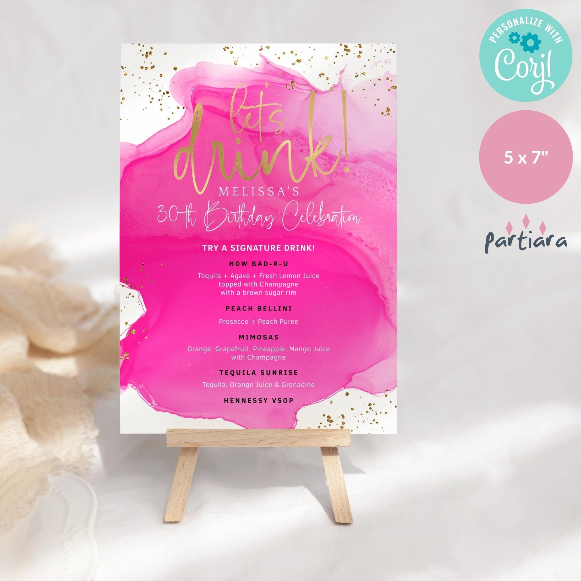 Hot Pink and Gold Drinks Menu Editable Template Ladies Night - Etsy