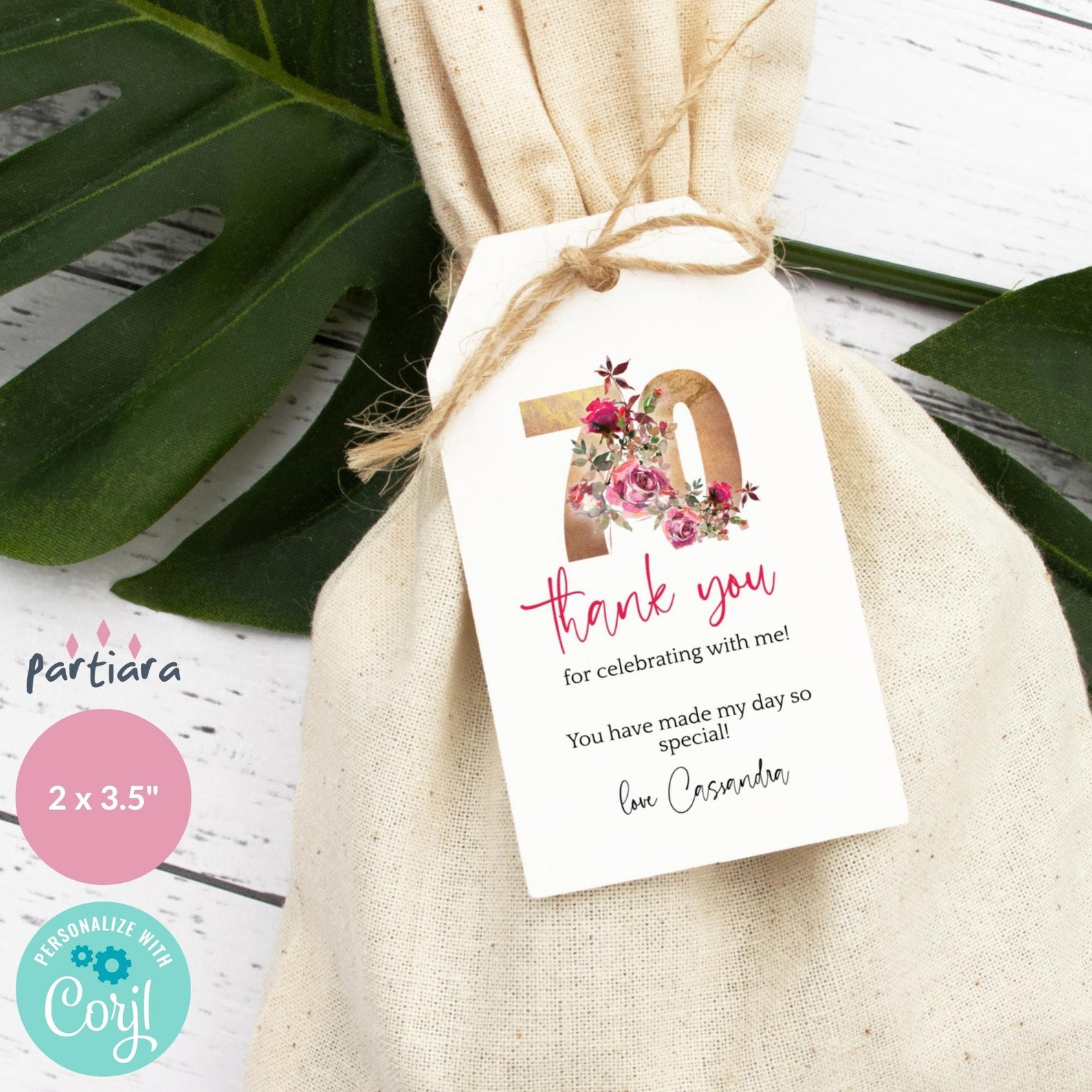 Ladies 70th Birthday Favor Tags Printable Pink Red Roses Gift Thank You ...
