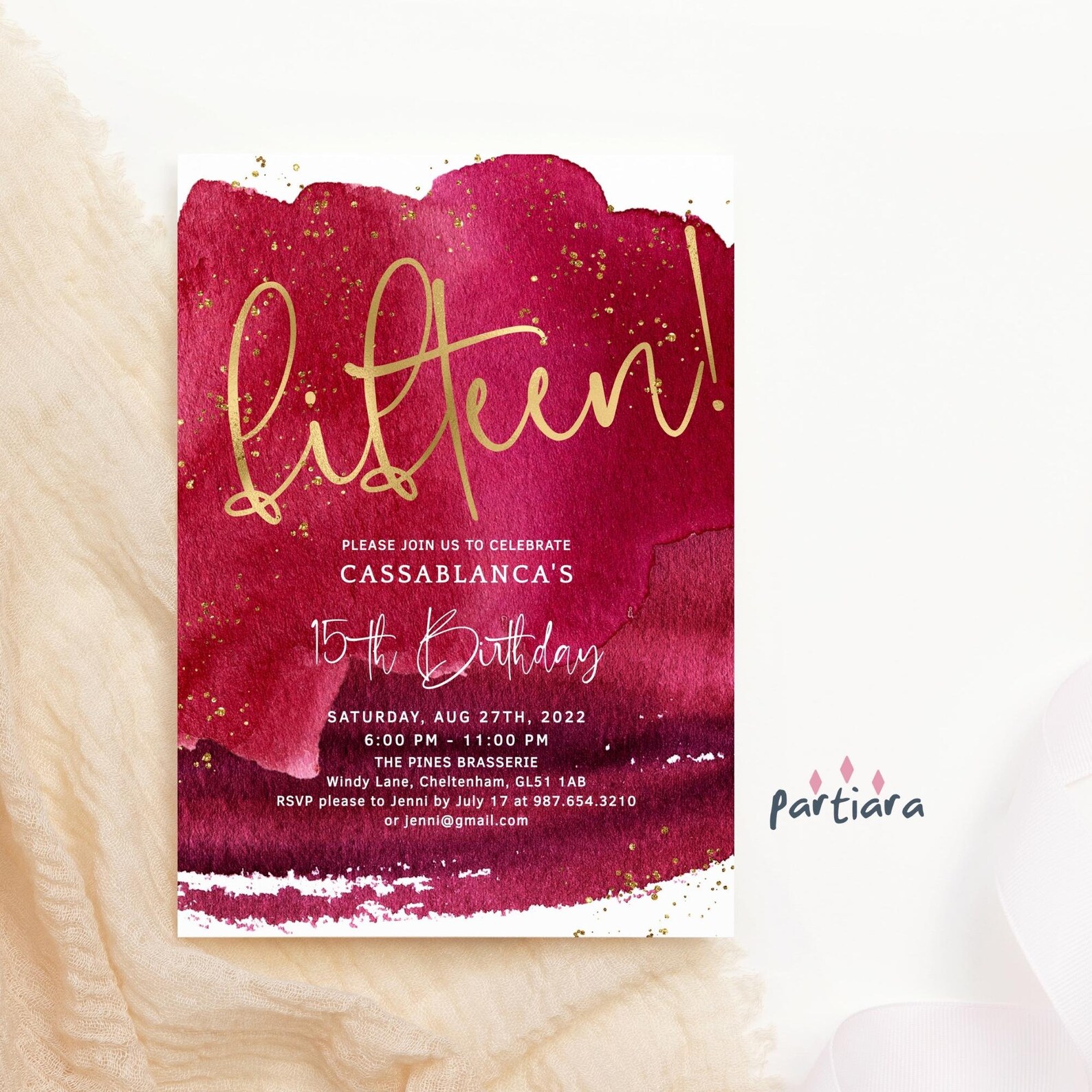 Red Gold 15th Birthday Invitation Girl's Printable Ruby - Etsy