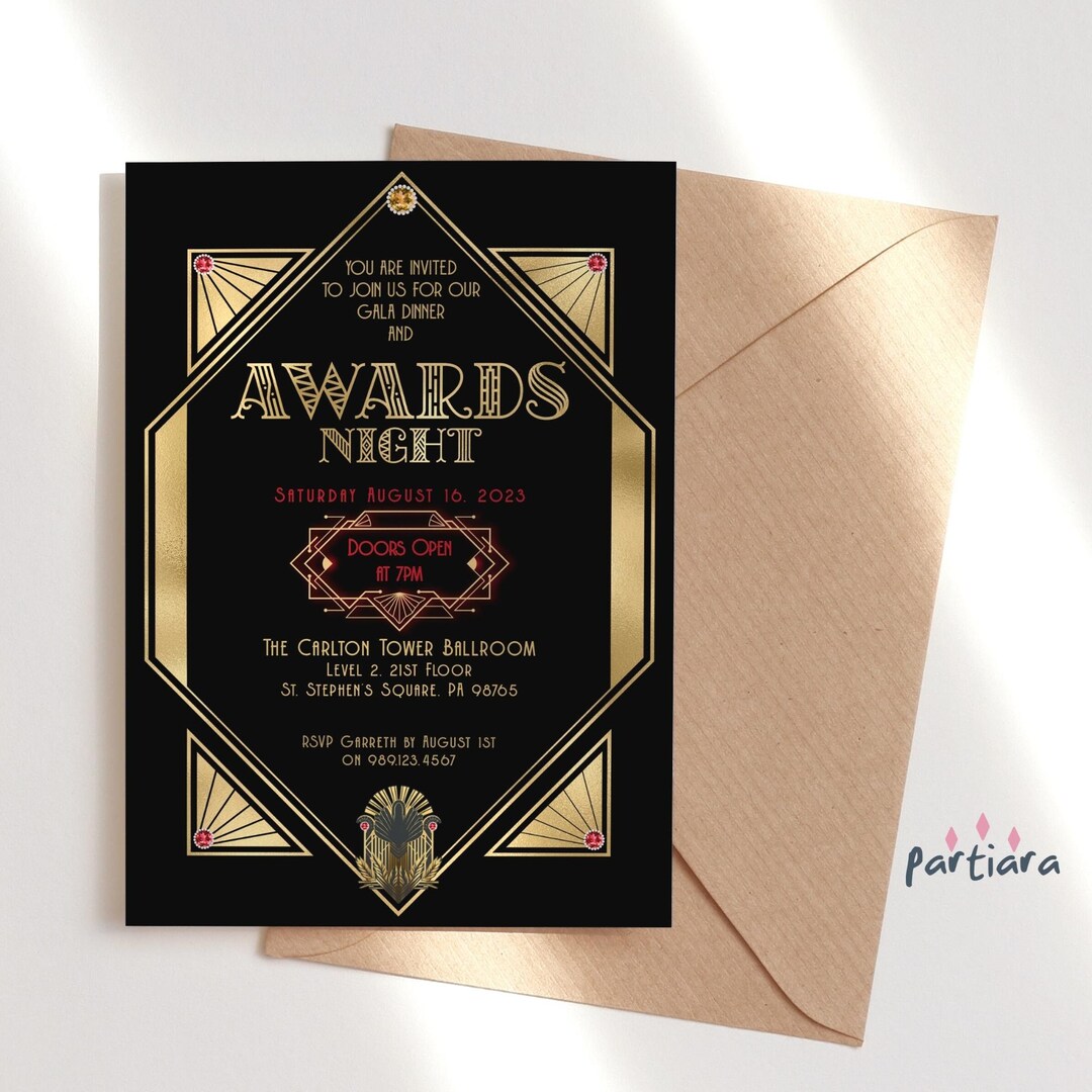 Great Gatsby Awards Night Invitation Printable Black and Gold Gala ...