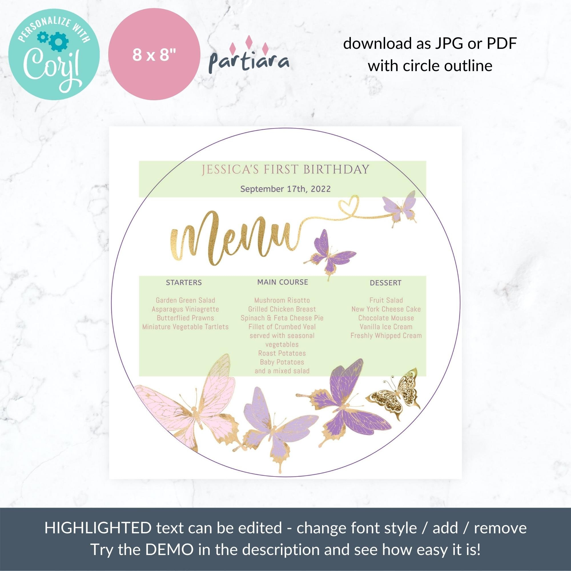 Butterfly Menu Card Editable Round Plate Charger Menus DIY - Etsy