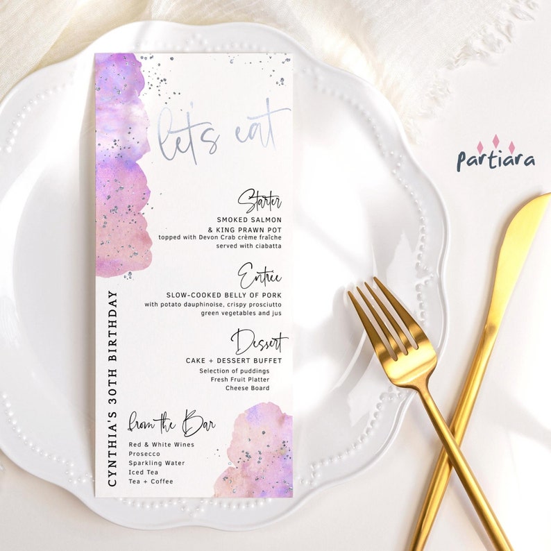 Pink Purple Menu Card Editable Template, Teen Girl Ladies Birthday ...