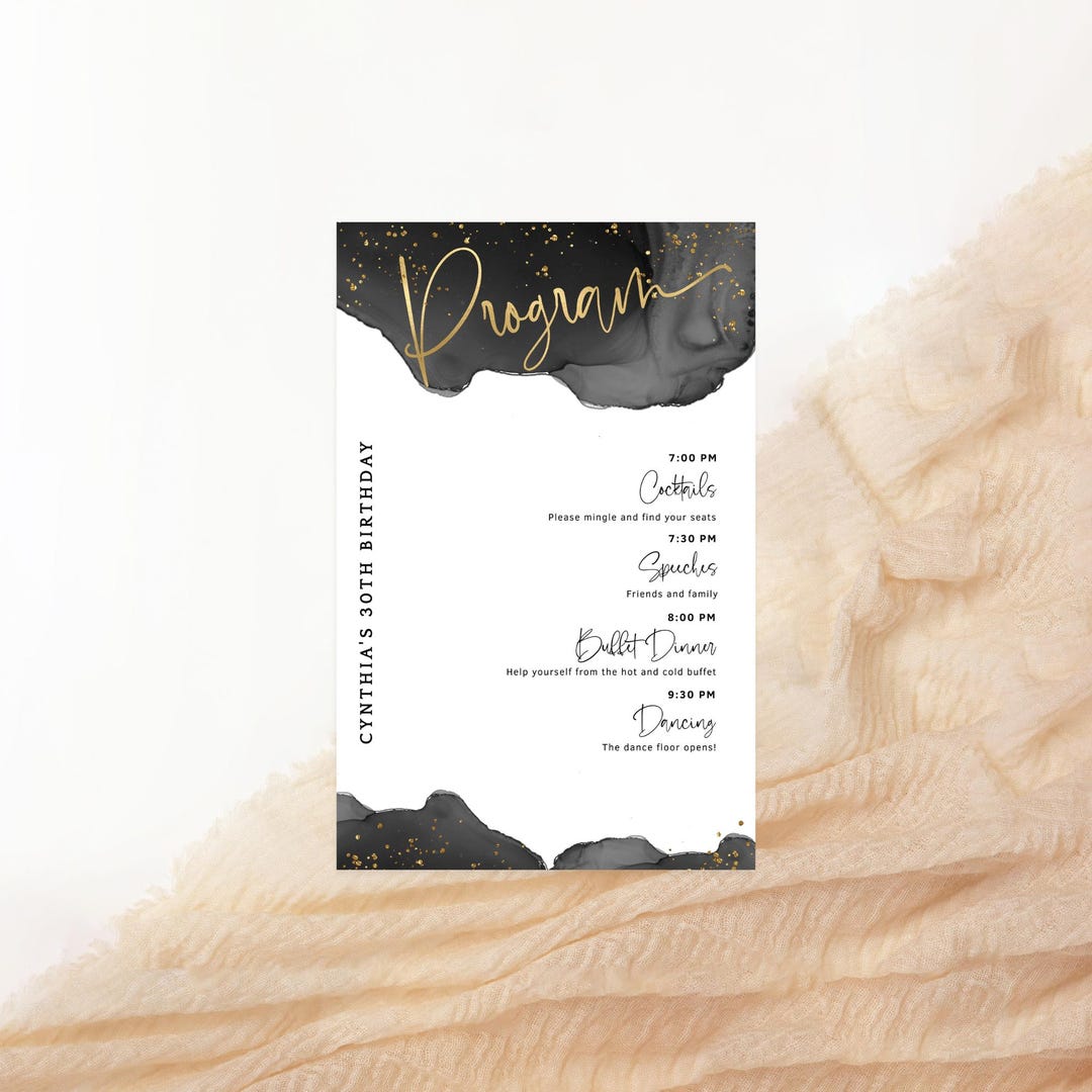 Black Gold Party Program Editable Template Men or Ladies Birthday Table ...