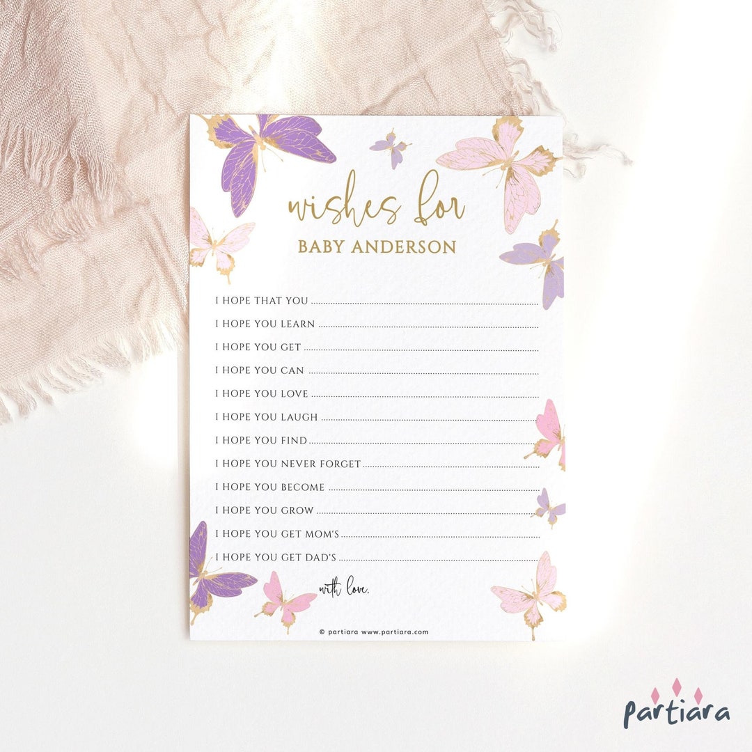 Butterfly Wishes for Baby Card Template, Girl Baby Shower Wishes and ...