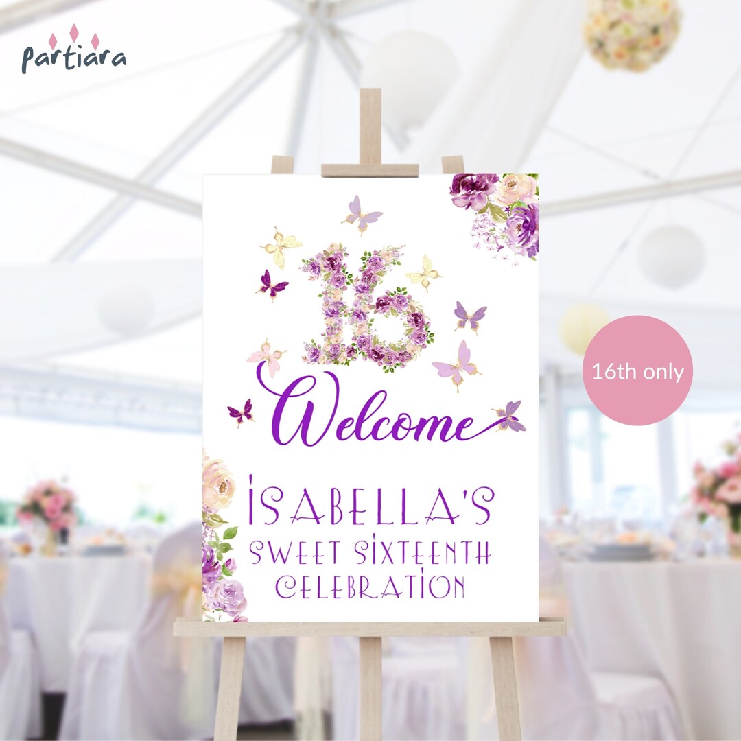 Purple Sweet 16 Welcome Sign Printable, Girls 16th Birthday Welcome ...