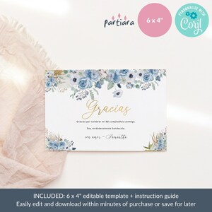 Blue Floral Thank You Card Spanish Birthday Template, Ladies Party ...