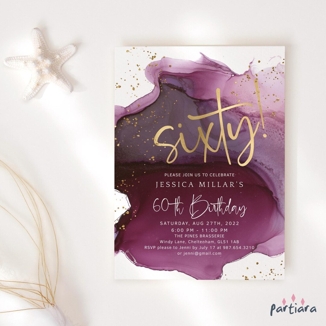 Burgundy 60th Birthday Invitation Template, Maroon and Gold 60 Invite ...