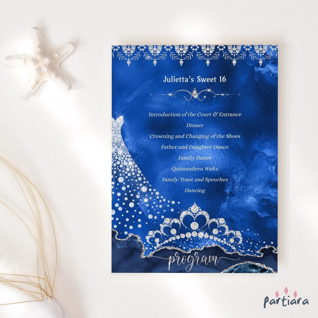 Royal Blue Silver Sweet 16 Birthday Party Program Card Printable Ladies ...
