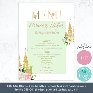 Princess Menu Card Printable Fairytale Party Menus Girl Baby Shower ...
