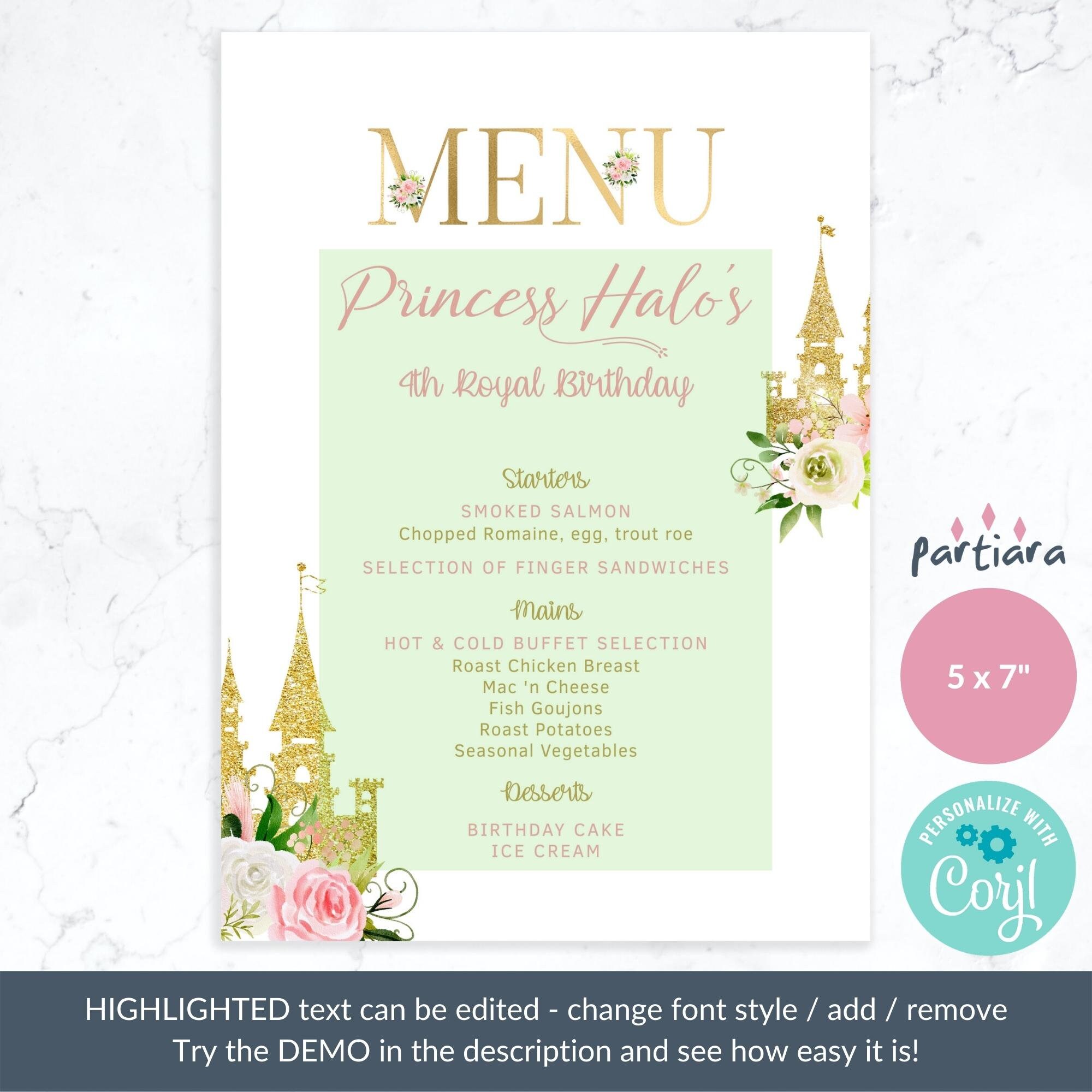 Princess Menu Card Printable Fairytale Party Menus Girl Baby - Etsy